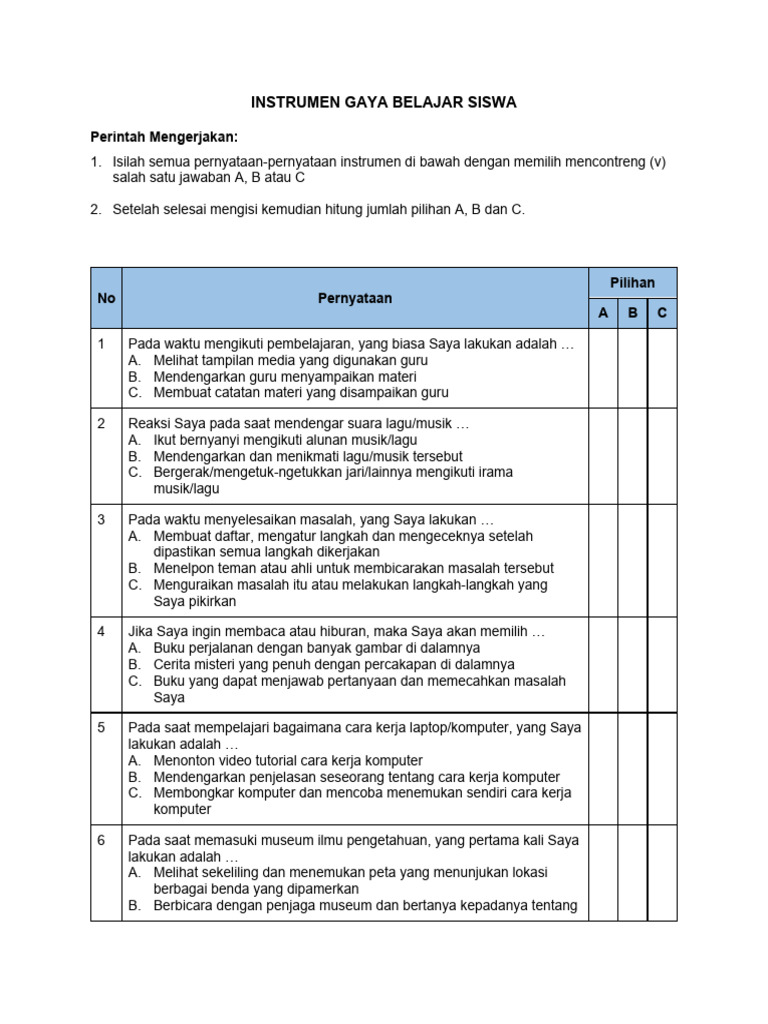 CONTOH INSTRUMEN ASESMEN AWAL GAYA BELAJAR SISWA | PDF