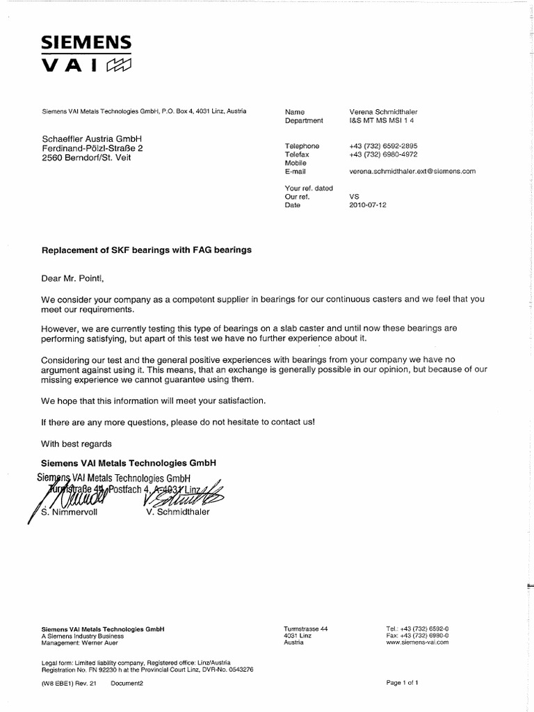 Siemens VAI Bearing Exchange | PDF