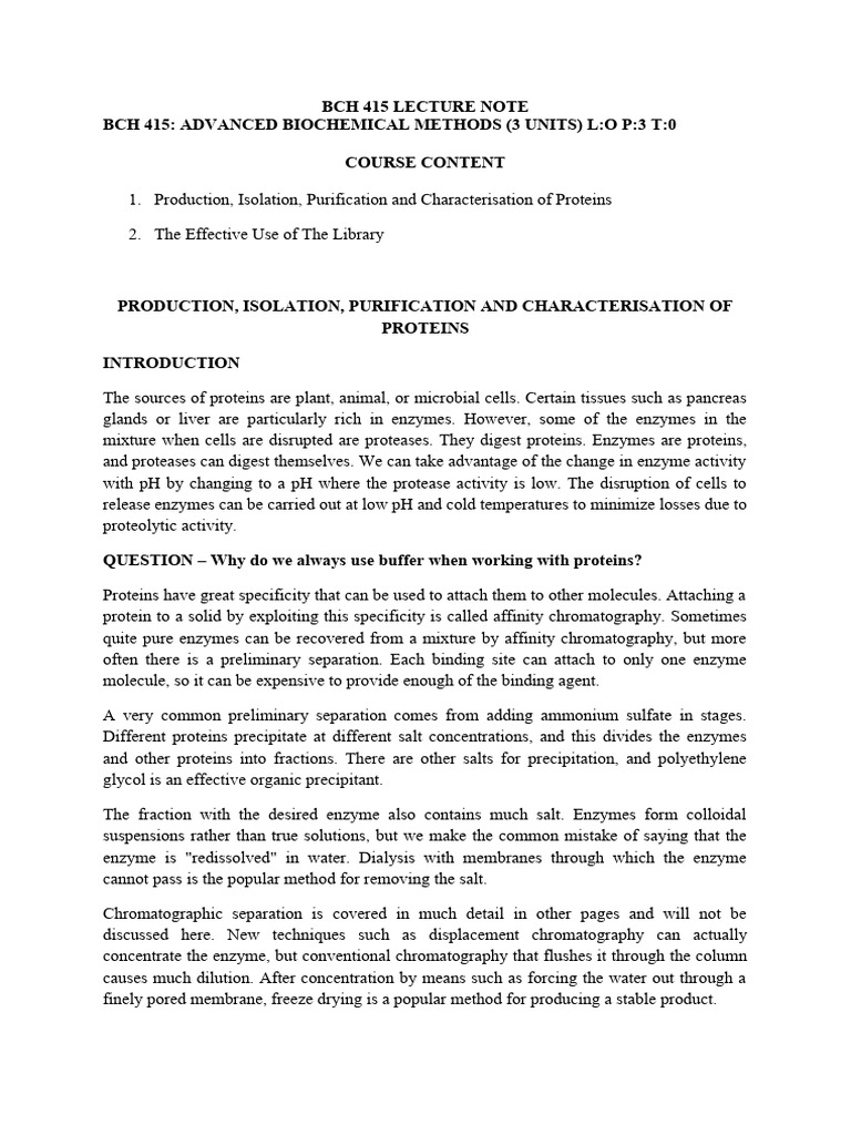 BCH 415-Lecture Note 2023 | PDF | Protein Purification | Chromatography
