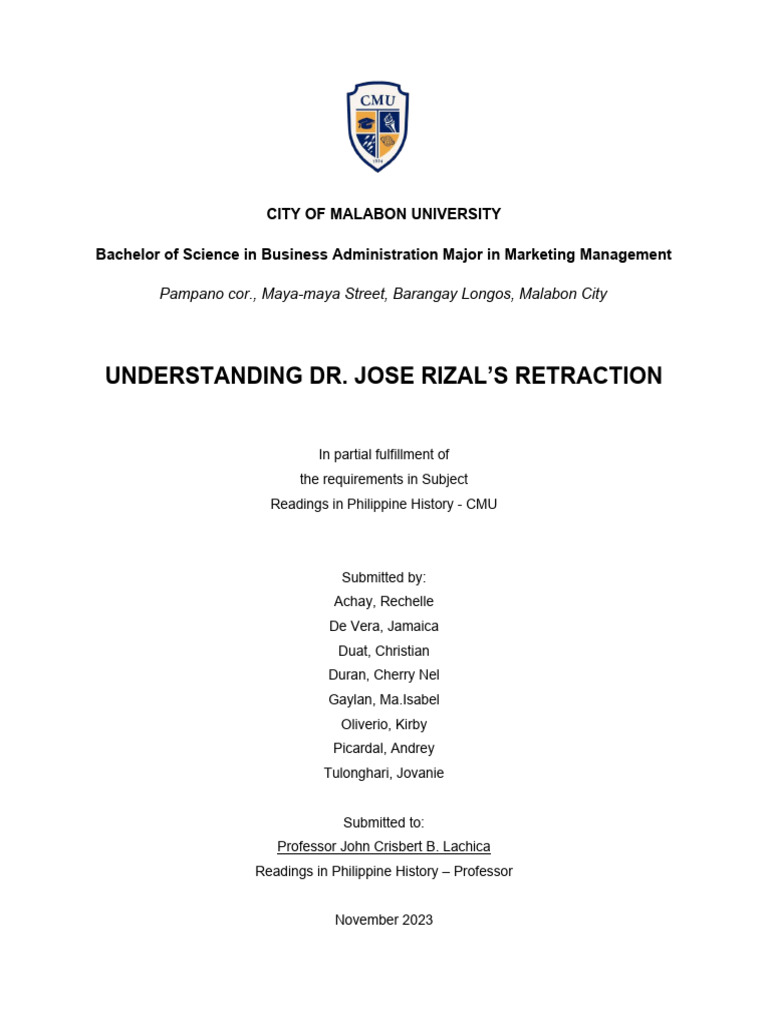 Group 3 Rizal Retraction Written Report | PDF | Philippines
