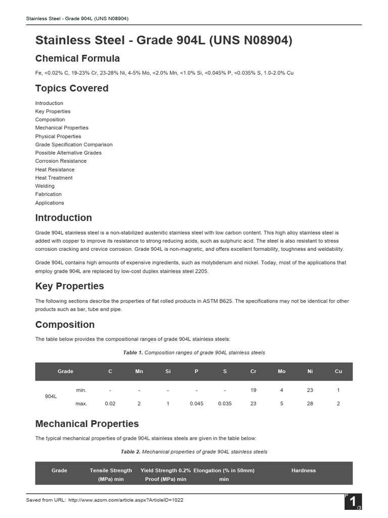Stainless Steel Grade 904L (UNS N08904) | PDF | Building Engineering | Chemical Elements