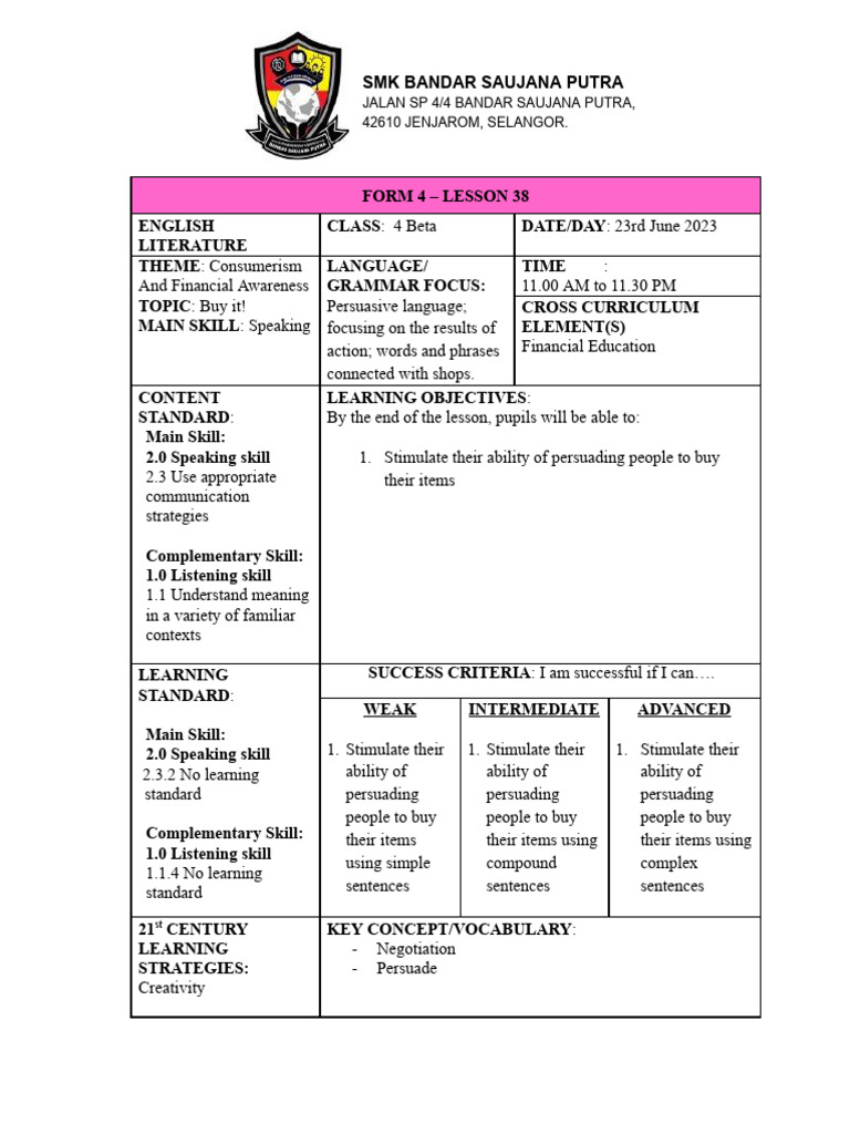 Lesson Plan 38 - 4b | PDF | Teachers | Learning