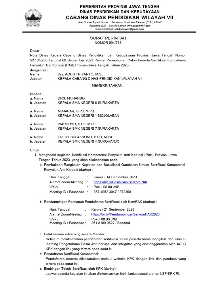 SPT Calon Peserta Sertifikasi Kompetensi Penyuluh Anti Korupsi (PAK) Provinsi Jawa Tengah Tahun ...