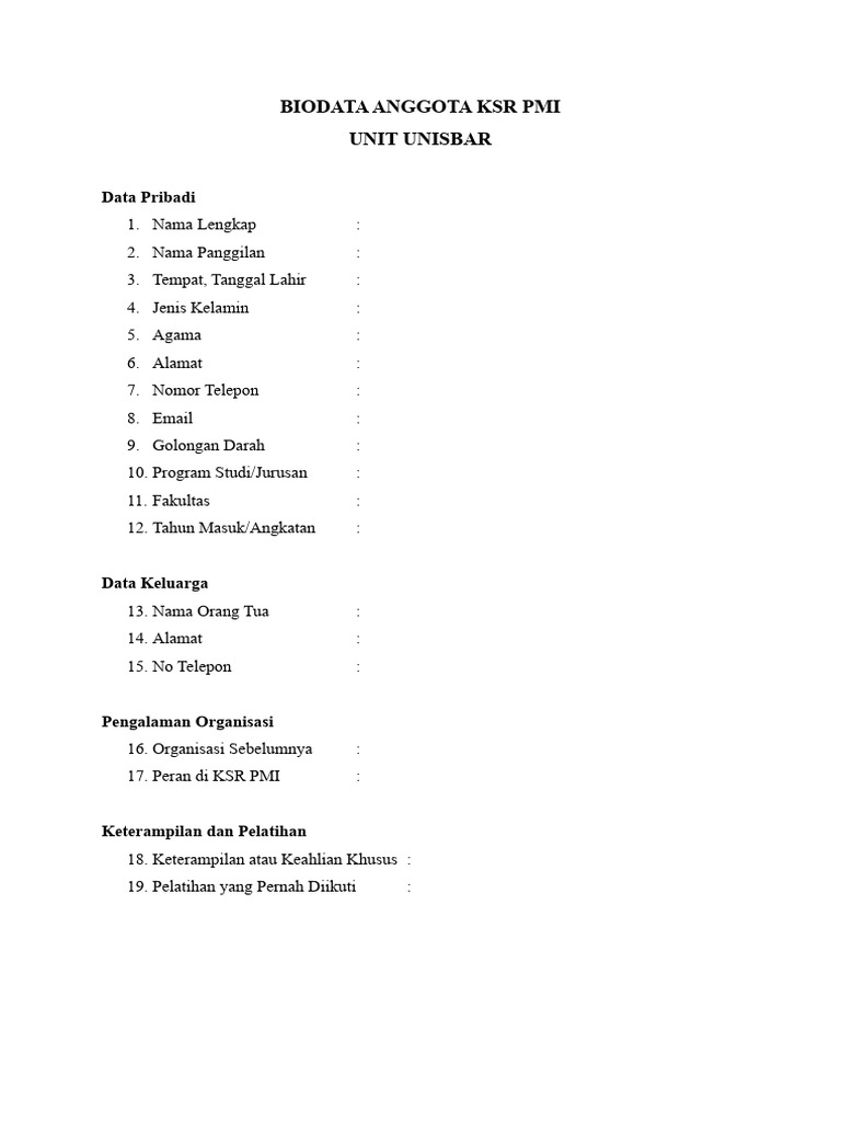 FORMAT BIODATA ANGGOTA KSR PMI | PDF