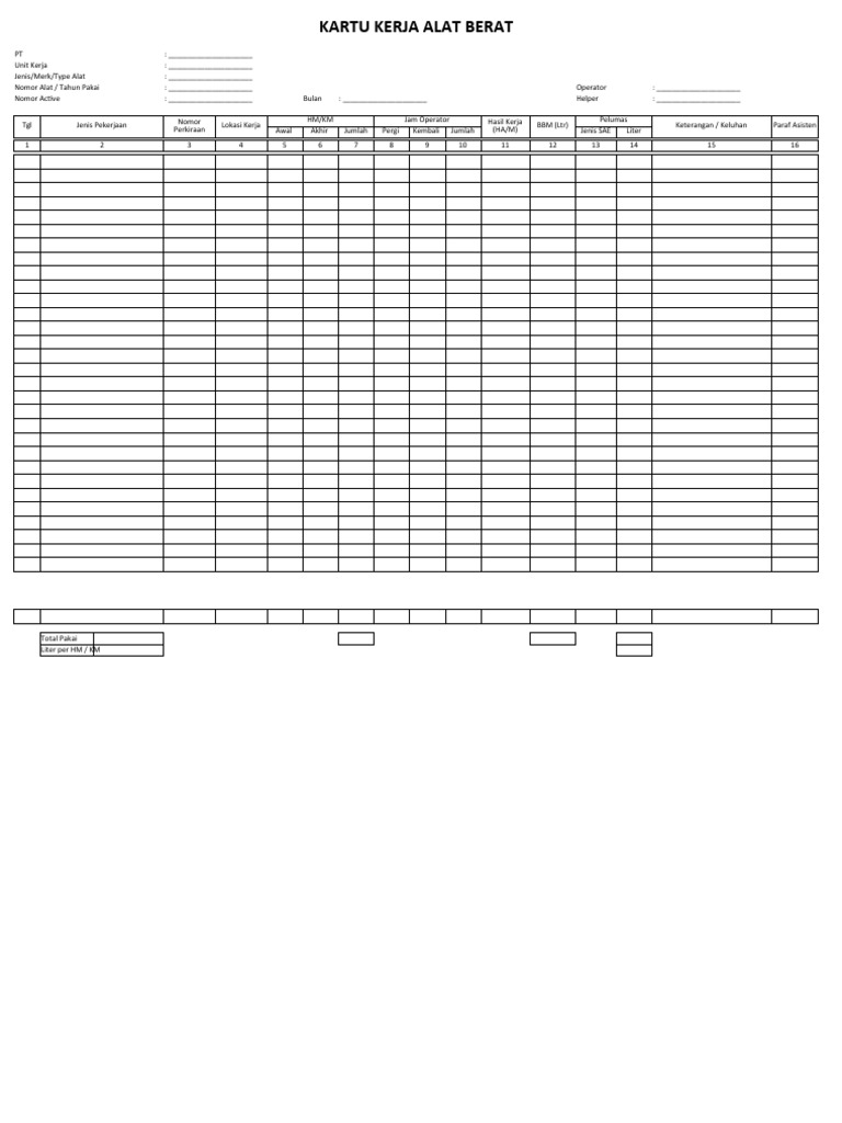 Form Kartu Kerja Alat Berat | PDF