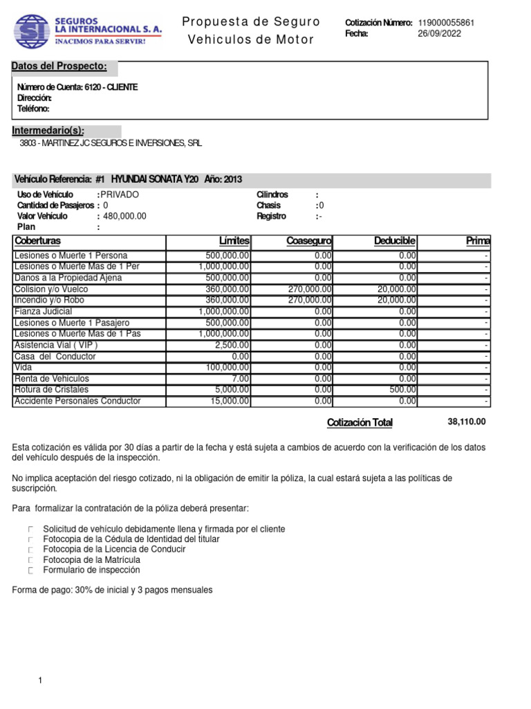Propuesta de Seguro Vehiculos de Motor: Coberturas Deducible Límites ...