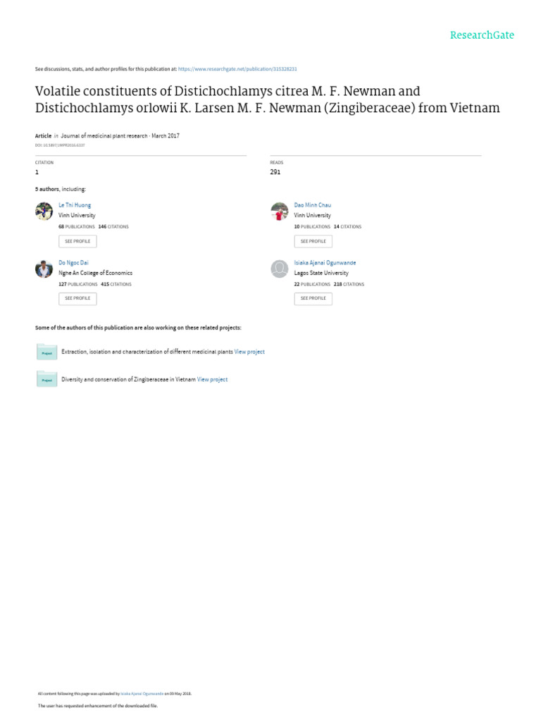 Volatile Constituents of Distichochlamys Citrea M | PDF | Gas Chromatography | Gas ...