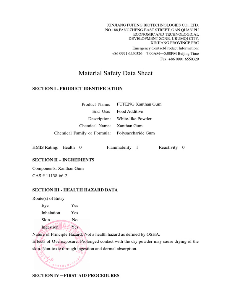 MSDS-Xanthan Gum-Fufeng | PDF | Toxicity | Water