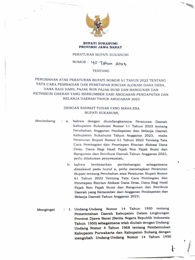 40 Tahun 2023 Perbup Perubahan ADD 2023 | PDF