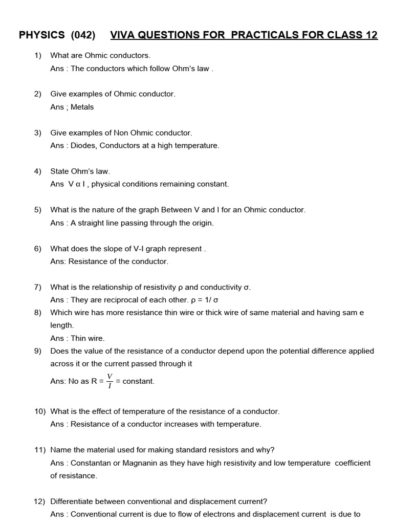 VIVA QUESTIONS FOR PHYSICS PRACTICALS For Class 12 With Answers. | PDF | P–N Junction | Diode