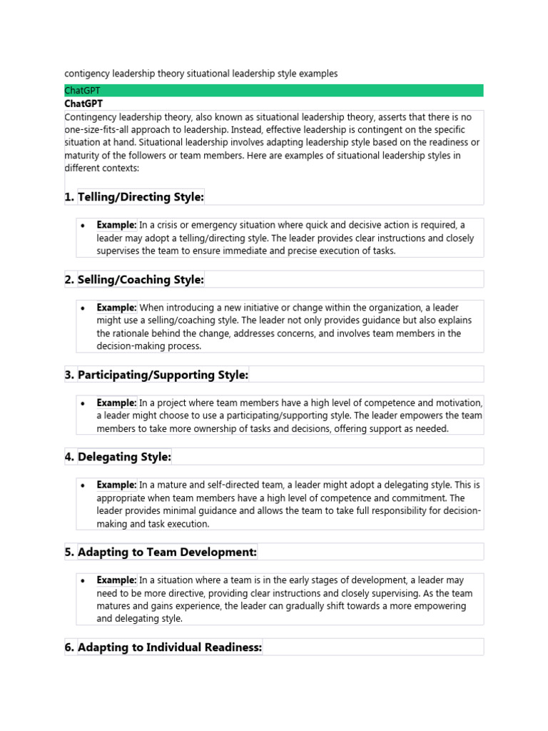 Contigency Leadership Theory Situational Leadership Style Examples ...