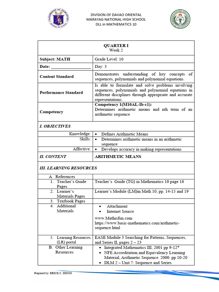 DLP Math 10 q1 Week 2 Day 3 | PDF | Mathematics | Learning