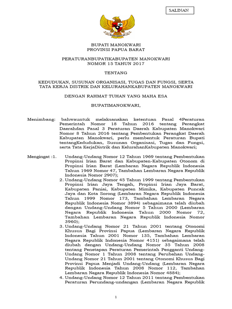 6.1 Perbub Manokwari 15 Tahun 2017 Sotk Distrik Dan Kelurahan PDF | PDF