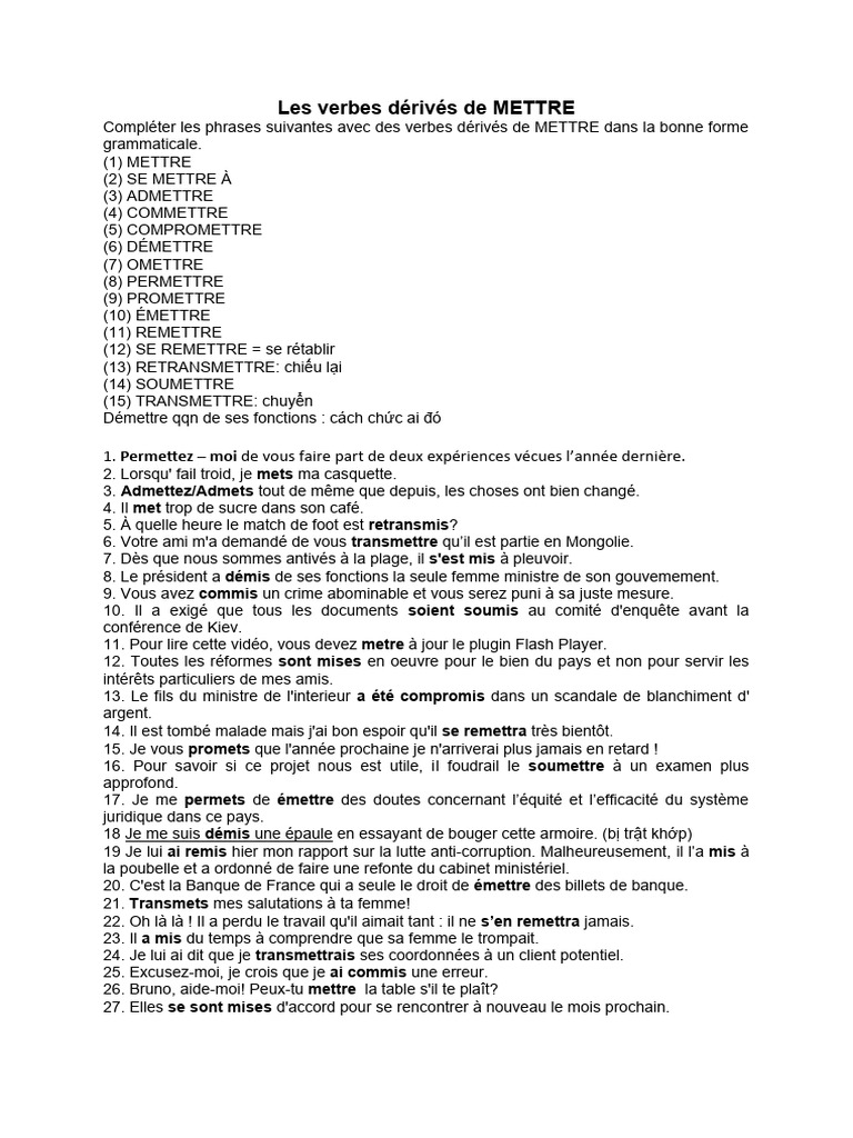 Verbes dérivés de "mettre" | PDF