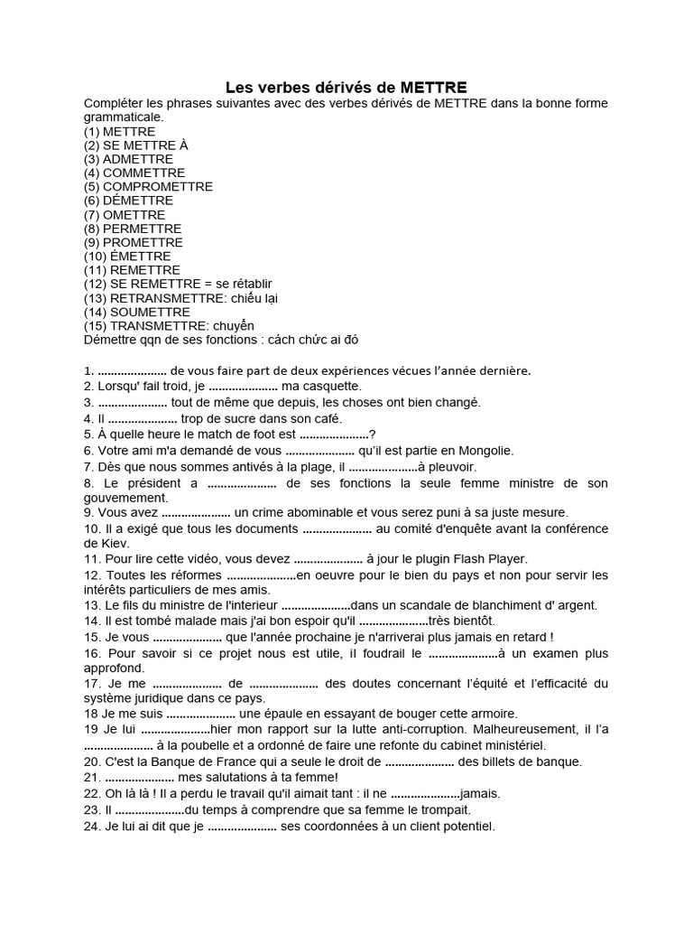 Verbes dérivés de METTRE en contexte | PDF