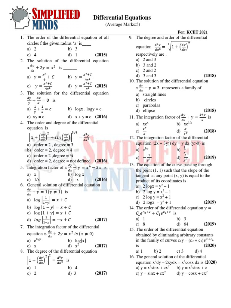 KCET 2021 Differential Equations PYQs | PDF | Equations | Tangent