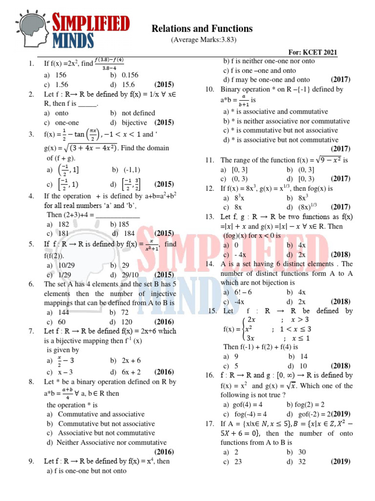 1.relations and Functions KCET PYQs - 2cb71d59 807b 4dc7 b628 b90d9d1f3b96 | PDF | Mathematical ...