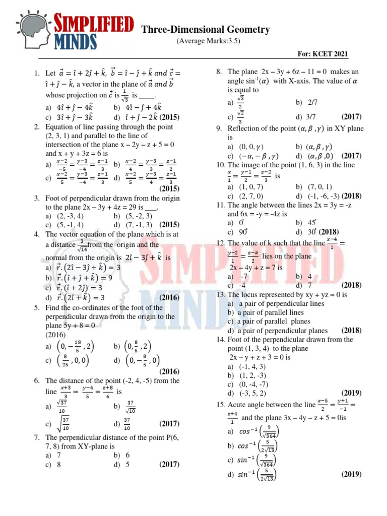 KCET 2021 3D Geometry Questions | PDF | Line (Geometry) | Analytic Geometry