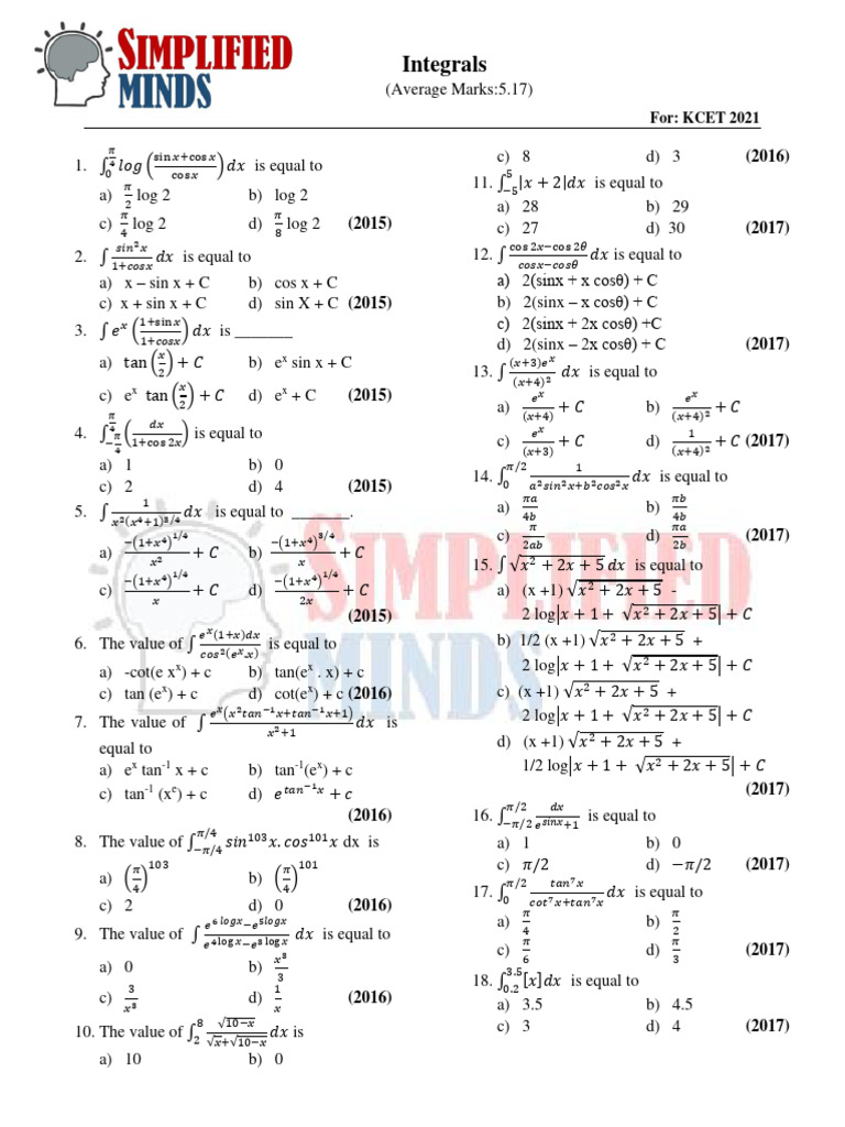 7.integrals KCET PYQs | PDF