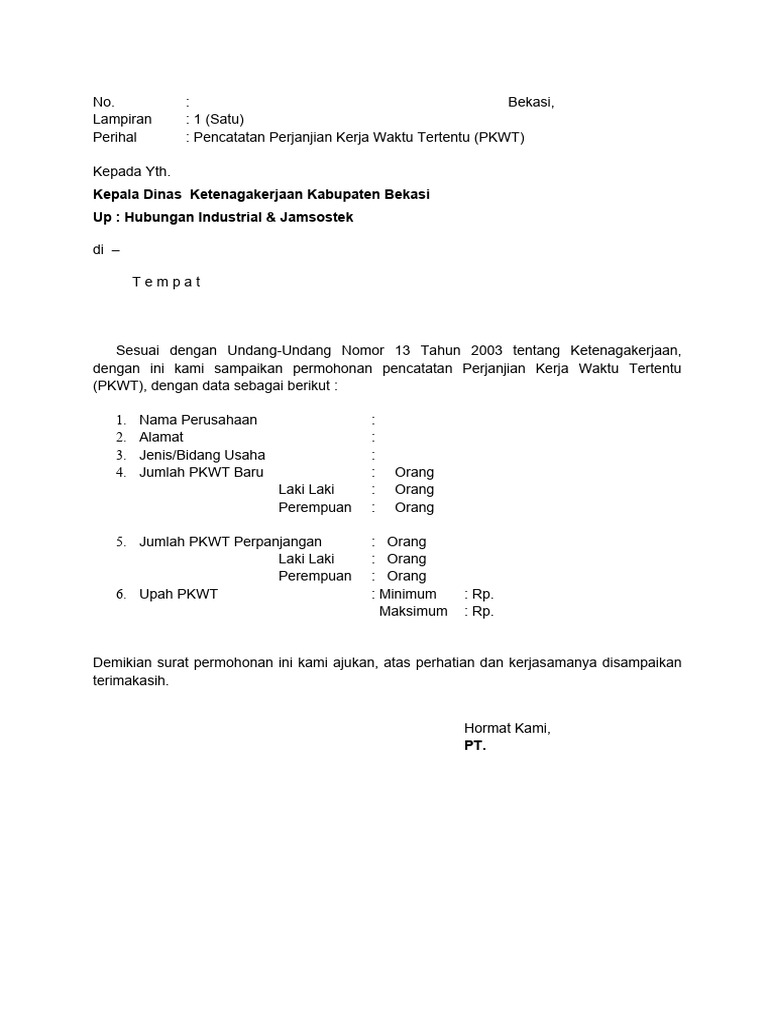 Format Permohonan Pencatatan PKWT | PDF | Karier & Perkembangan | Hukum