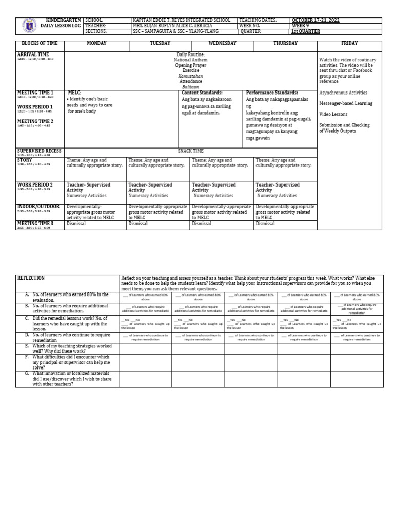 Kindergarten Daily Lesson Plan | PDF | Teachers | Cognitive Science