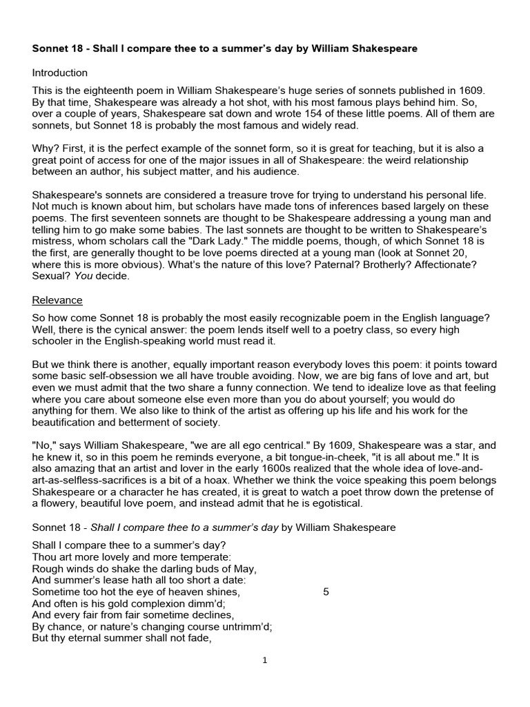 Sonnet 18 - Notes | PDF | Poetry | Shakespeare's Sonnets