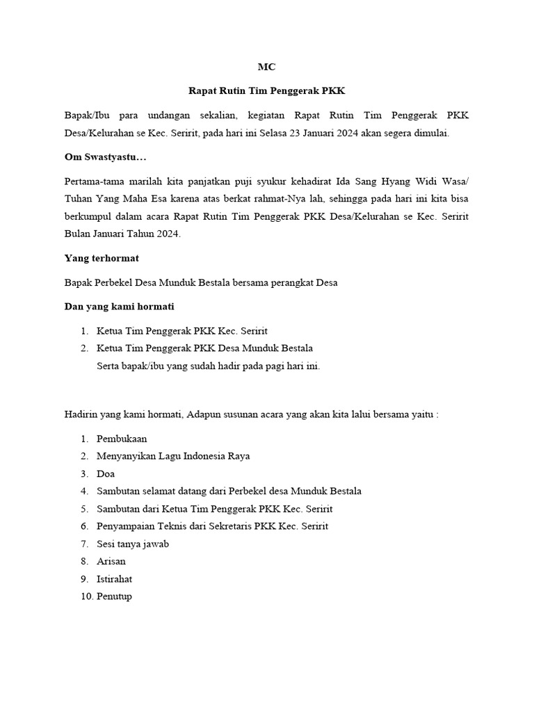 Teks MC Rapat Rutin PKK Kec. Seririt | PDF | Griya & Taman