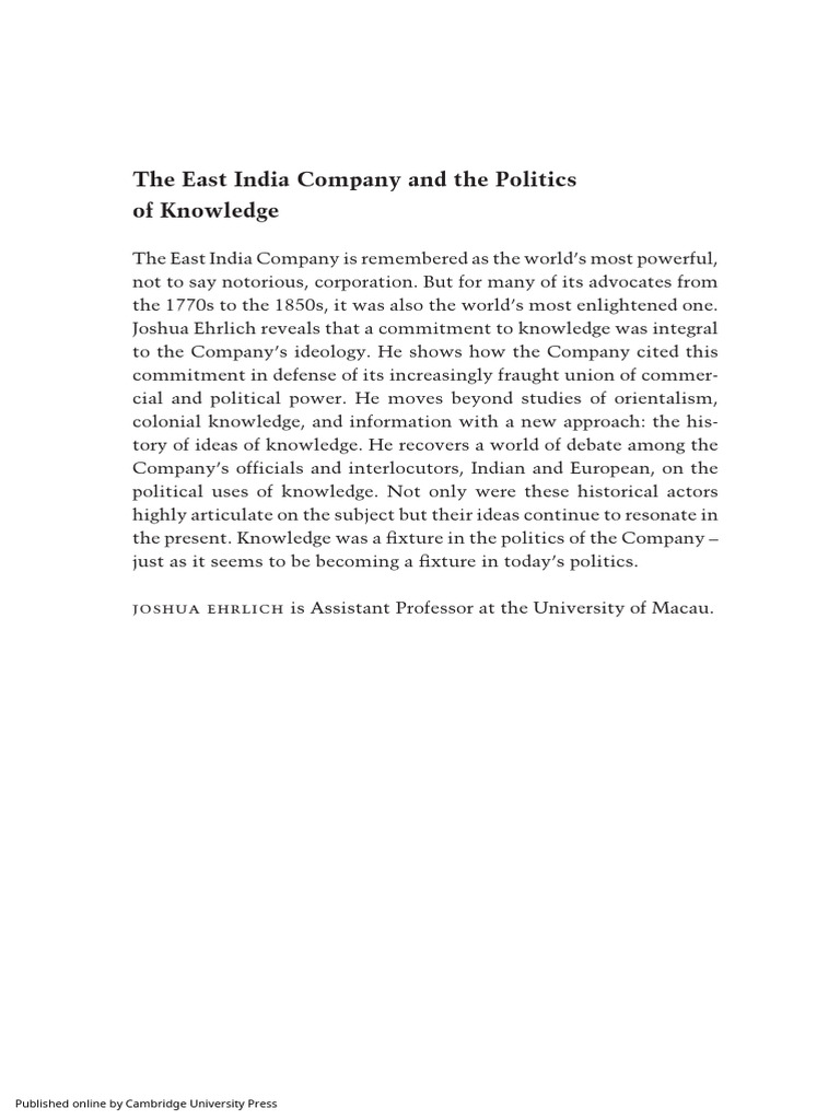 Joshua Ehrlich The East India Company and The Politics | PDF | Mughal ...
