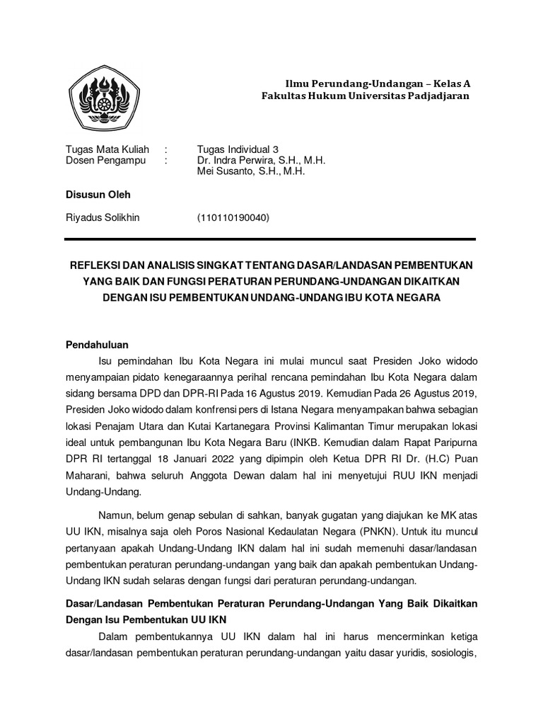 Tugas Individual 3 Ilmu Perundang-Undangan Riyadus Solikhin 110110190040 | PDF
