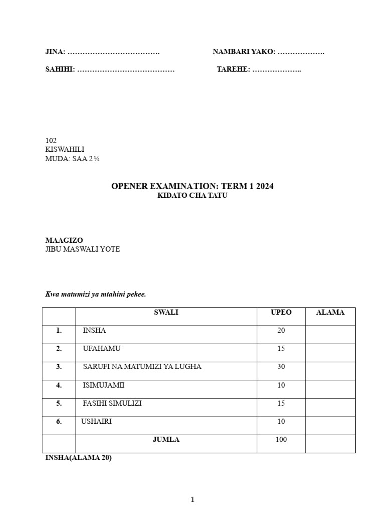 Kiswahili F3 Exam Term 1 Qs - Teacher - Co - .Ke | PDF | Science & Mathematics