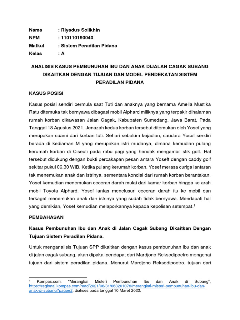 Tugas Analisis Kasus Pembunuhan Ibu Dan Anak Di Subang Riyadus Solikhin 11 | PDF