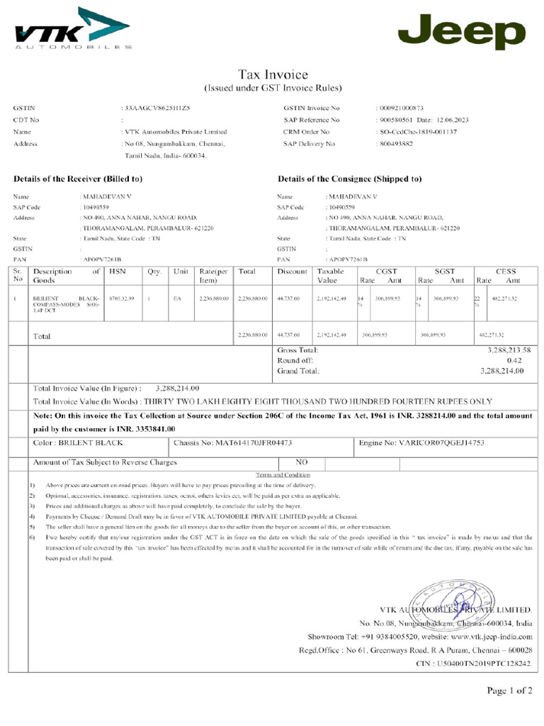 Invoice - Jeep Compass S 1.4P DCT | PDF