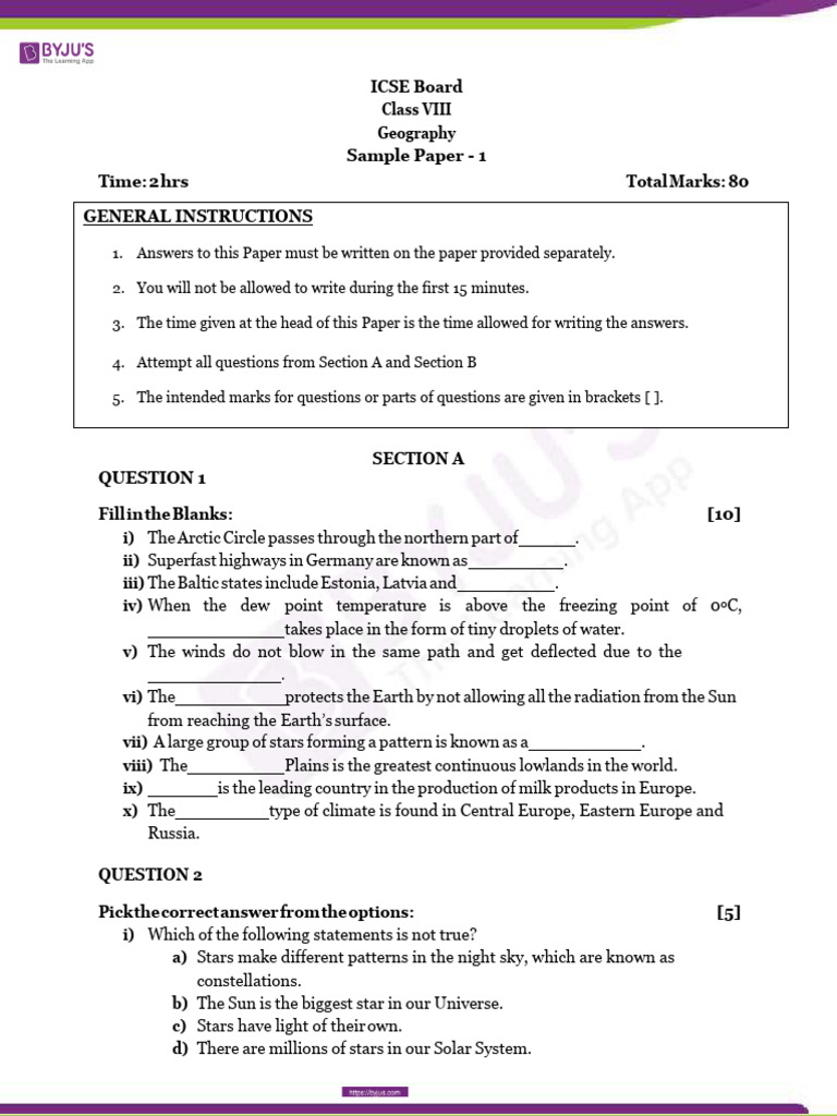 ICSE Class 8 Geography Sample Paper 1 | PDF | Earth | Humidity