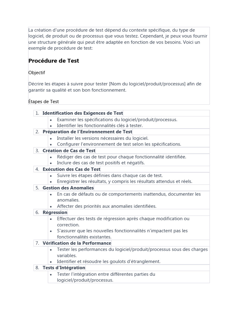 Procedure de Test | PDF