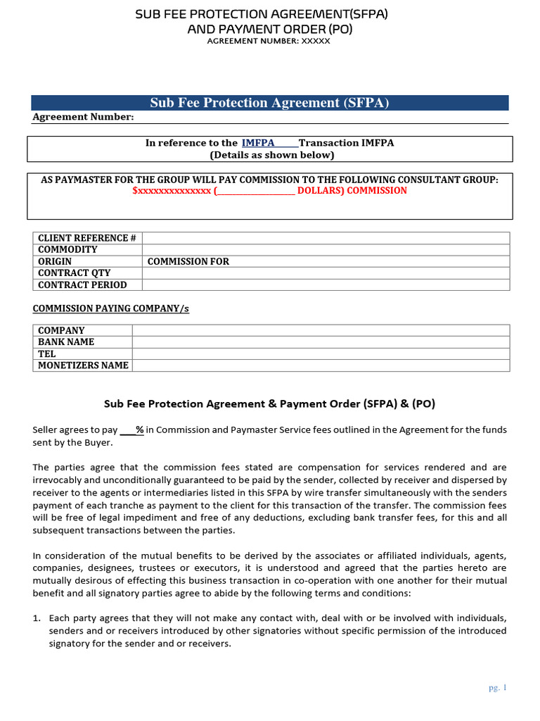 Sub Fee Protection Agreement - Template | PDF | Wire Transfer | Banks