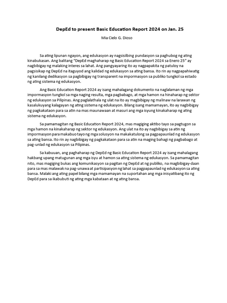 Deped To Present Basic Education Report 2024 On Jan. 25 | PDF