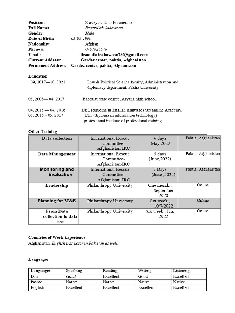 CV Template - Data Enumerator - AACS Consulting Ihsanullah Sabawoon ...