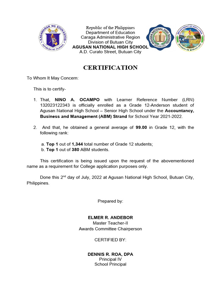 Certificate of Ranking | PDF