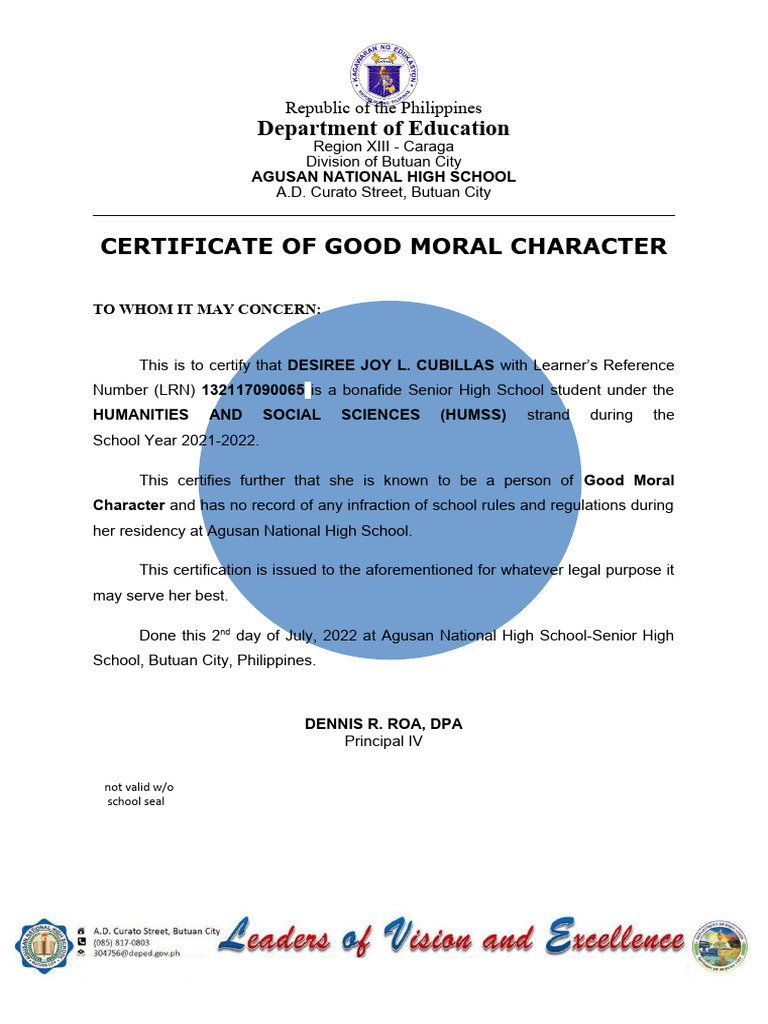 Certificate of Good Moral Character | PDF