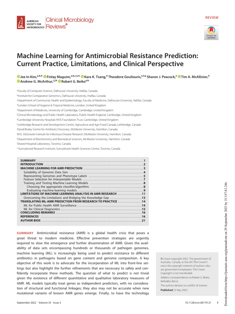 Machine Learning For Antimicrobial Resistance Prediction: Current Practice, Limitations, and ...
