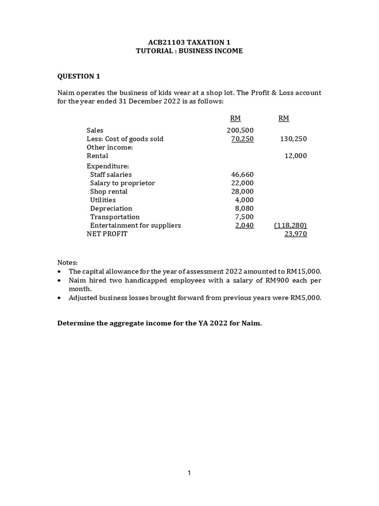 Acb21103 Tutorial Business Income 2023 | PDF | Expense | Income