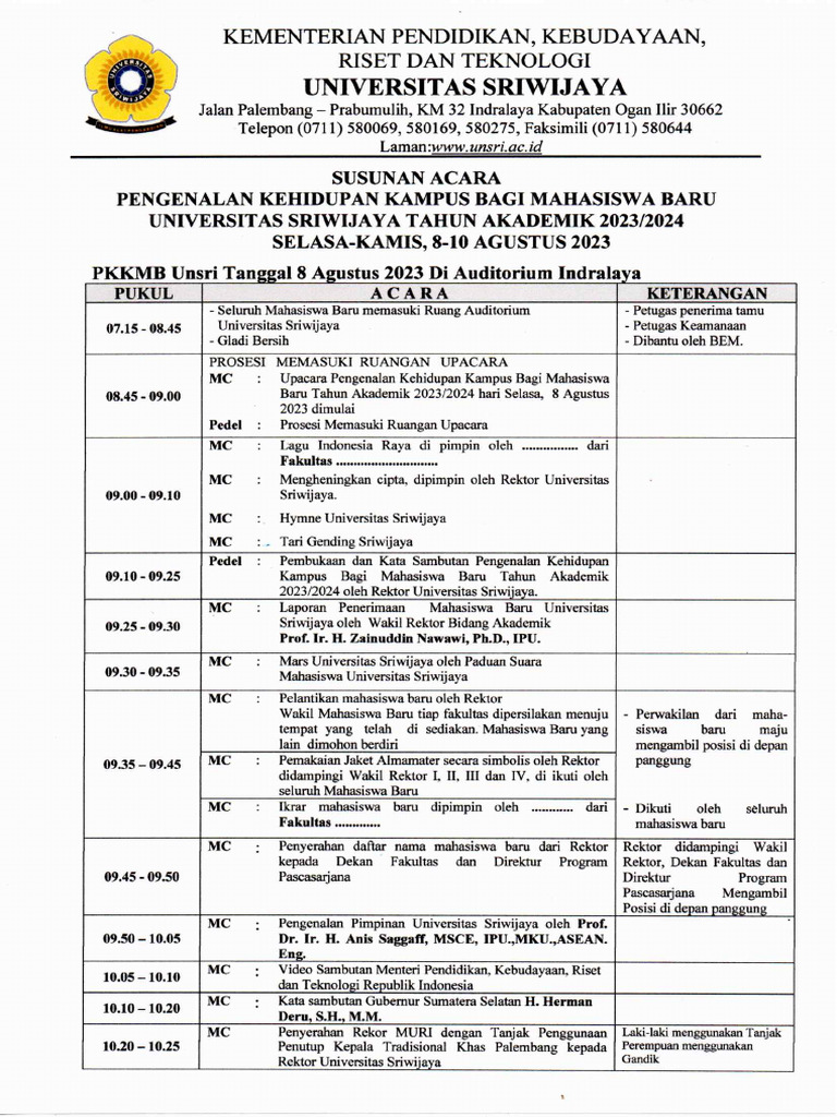 Susunan Acara PKKMB Tahun 2023 | PDF