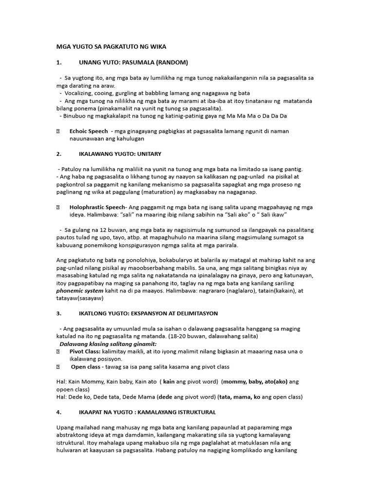 Mga Yugto Sa Pagkatuto NG Wika | PDF