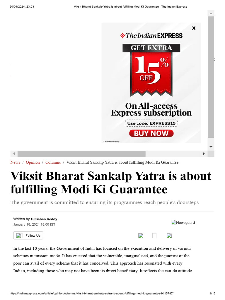 Viksit Bharat Sankalp Yatra Is About Fulfilling Modi Ki Guarantee - The Indian Express | PDF ...