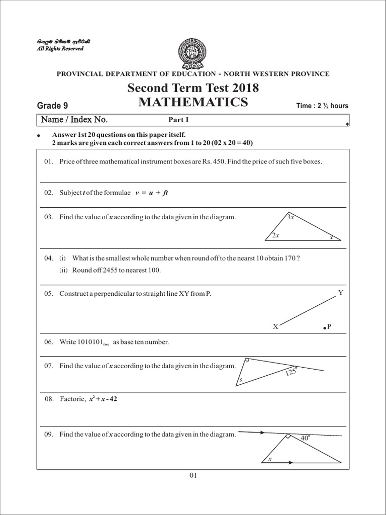 2018 Grade 09 Maths Second Term Paper With Answers English Medium North ...