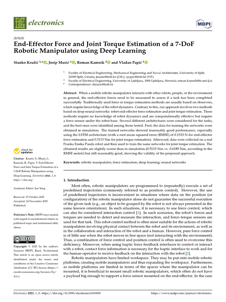 End Effector Force And Joint Torque Estimation Of A 7 Dof Robotic Manipulator Using Deep