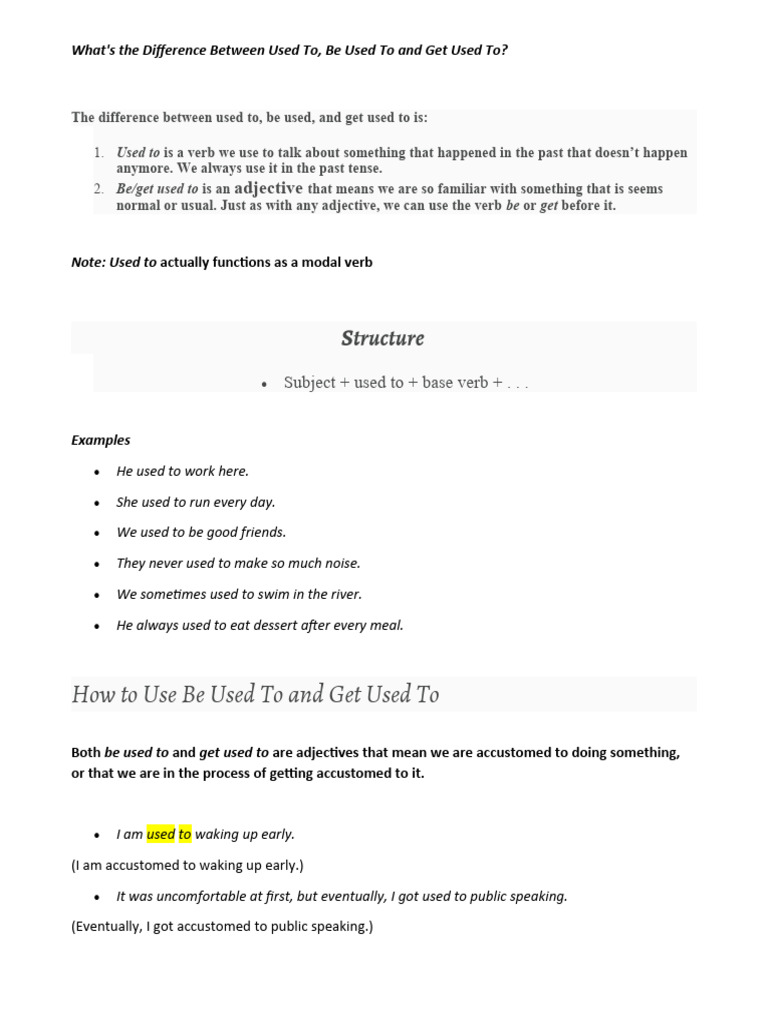 Used To - Be Used To - Get Used To | PDF | Verb | Language Families