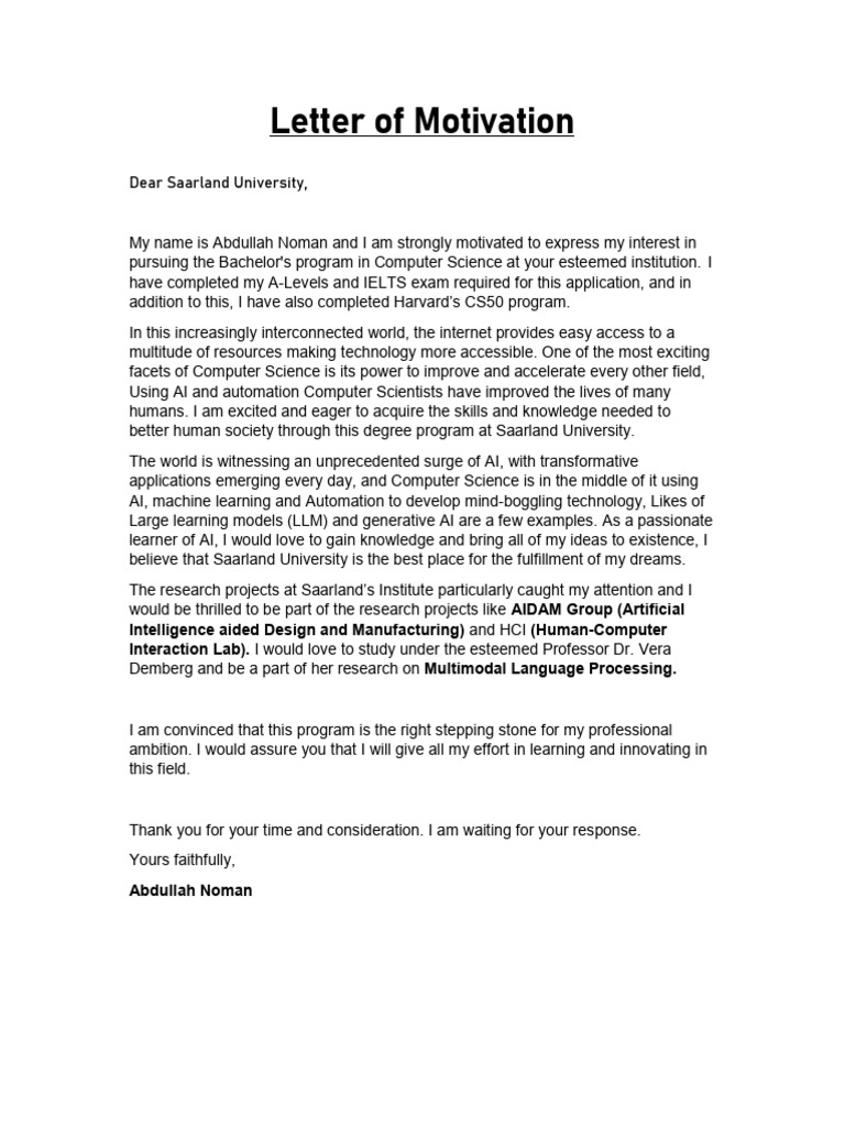 Motivation Letter for Saarland University | PDF