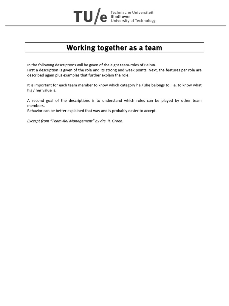 Belbin Team Roles Specifications Pdf Psychological Concepts Psychology