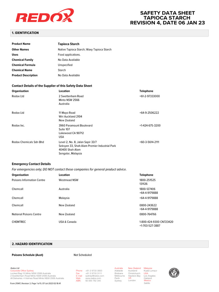 Safety Data Sheet Tapioca Starch Revision 4, Date 06 Jan 23: 1 ...